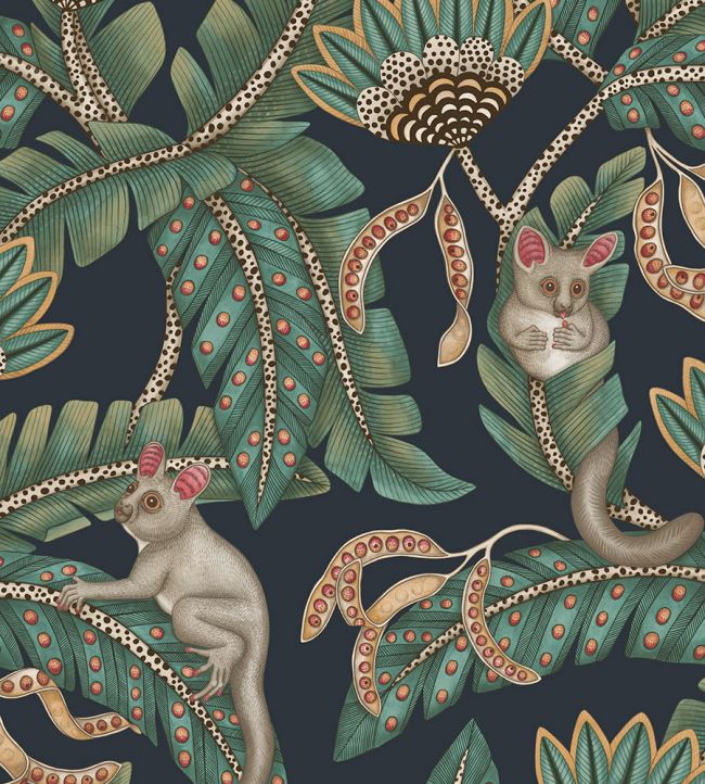 Bush Baby Wallpaper in Teal & Ochre on Ink by Cole & Son | Jane Clayton