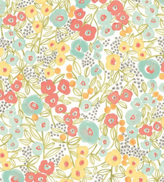 Flora Ditsy Wallpaper in Coral & Sky by Ohpopsi | Jane Clayton