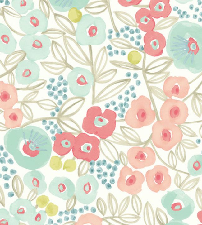 Flora Wallpaper in Coral & Sky by Ohpopsi | Jane Clayton