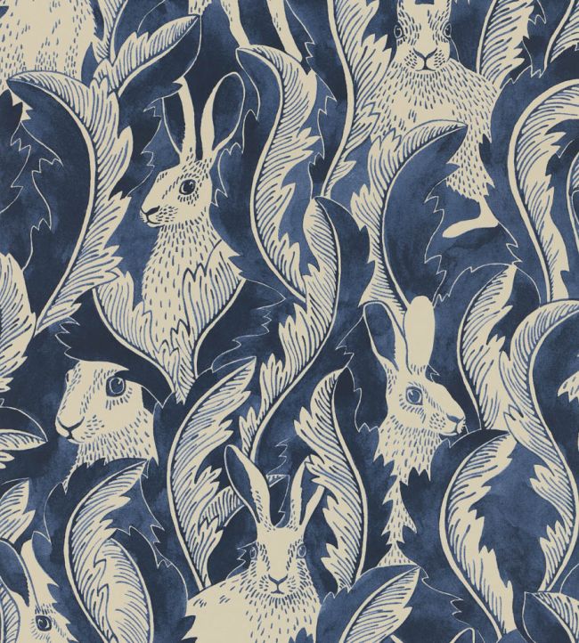Hares In Hiding Wallpaper in Dark Denim by Langelid Von Bromssen | Jane ...