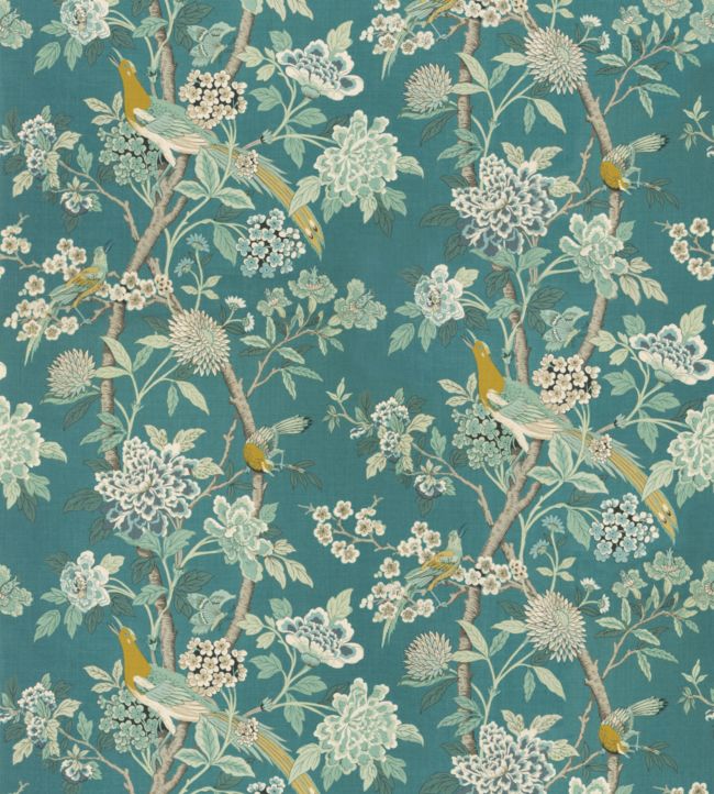 Hydrangea Bird Fabric in Teal by GP & J Baker | Jane Clayton