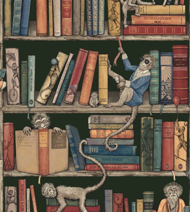 Monkey Library Wallpaper in Traditional Green by Brand McKenzie | Jane ...