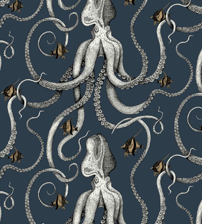 Octopoda Wallpaper in Deep Sea Blue by Josephine Munsey | Jane Clayton