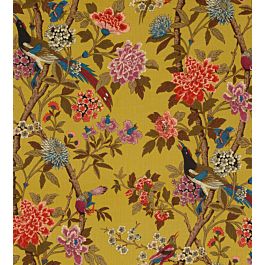 Hydrangea Bird Fabric by GP & J Baker in Mustard/Mauve | Jane Clayton